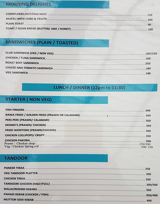 Menu at Alcove Restaurant and Bar, Vagator