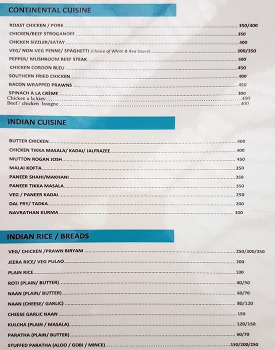 Menu at Alcove Restaurant and Bar, Vagator