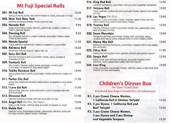 Menu at Mt Fuji restaurant, Parker, Lincoln Ave