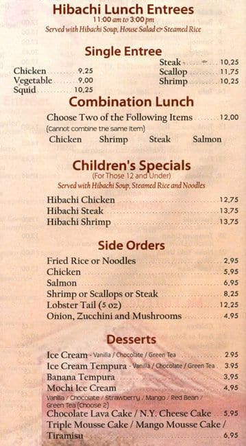 Menu at Mt Fuji restaurant, Parker, Lincoln Ave