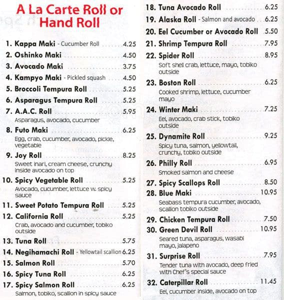 Menu at Mt Fuji restaurant, Parker, Lincoln Ave