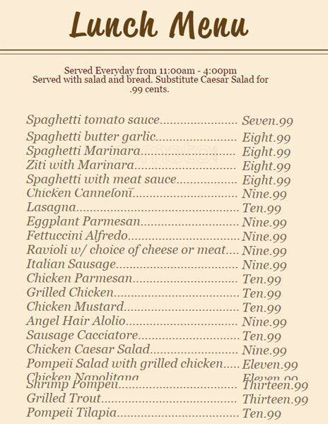 Menu at Pompeii Italian Grill restaurant, San Antonio