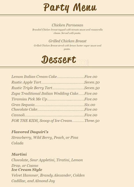 Menu at Pompeii Italian Grill restaurant, San Antonio