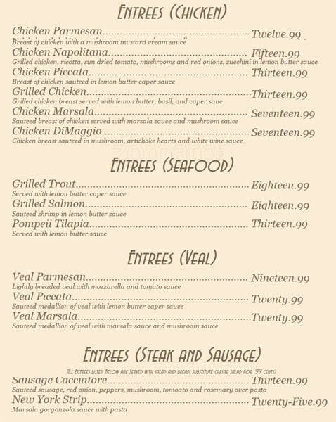 Menu at Pompeii Italian Grill restaurant, San Antonio