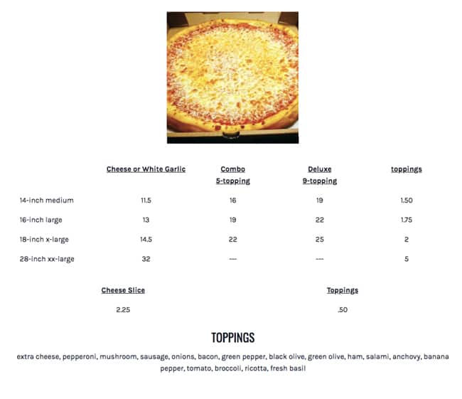 Menu at Mimo's Pizza Company pizzeria, Windber