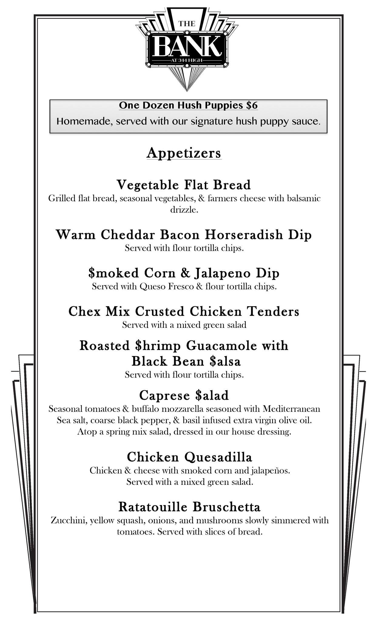 Menu at The Bank at 344 High pub & bar, Morgantown