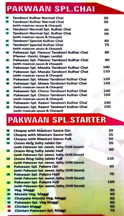 Menu at Indian Pakwaan, Patna