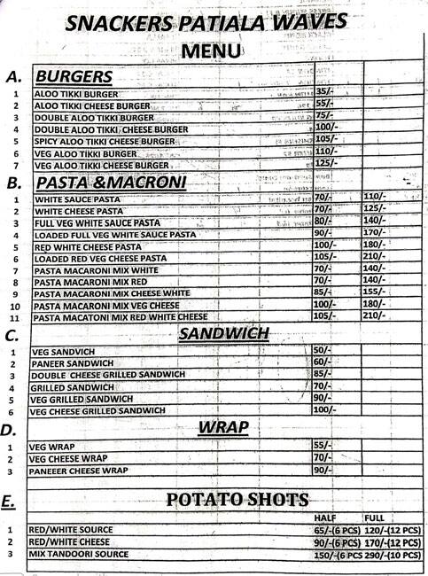 Menu of Snackers Patiala Waves, Lahori Gate, Patiala