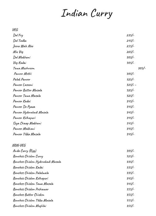 Menu at Indian Curry, Mumbai