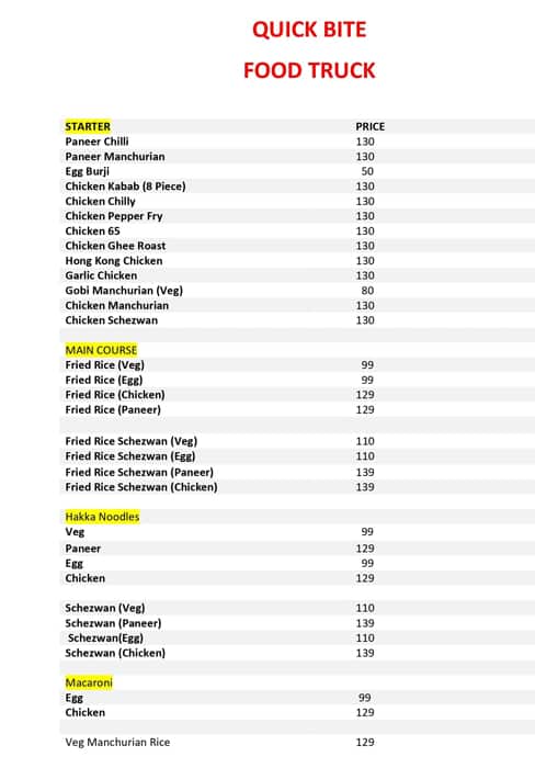 Menu of Quick Bite Food Truck, Shivalli, Manipal