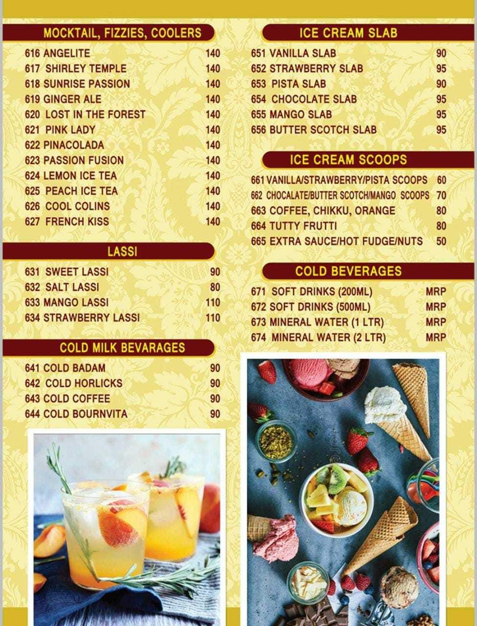 Menu at Shree Shanthi Sagar, Manipal