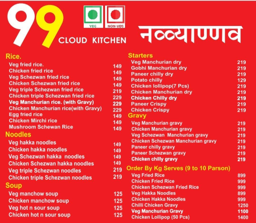 Menu of 99 Cloud Kitchen, Khopat, Thane West, Thane