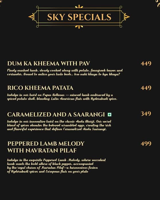 Menu of Sky Cafe, Gachibowli, Hyderabad
