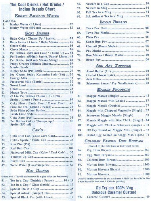 Cafe Gulshan menu, Menu restauracji Cafe Gulshan, Matunga East, Mumbai ...