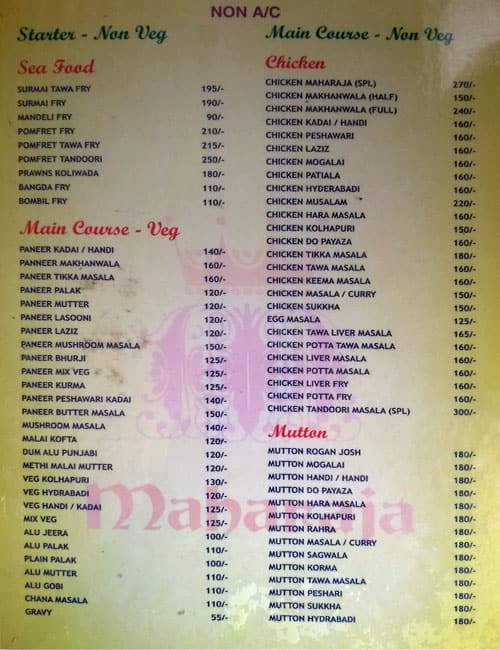 Menu at Maharaja Restaurant & Bar, Mumbai, Sethi Mansion