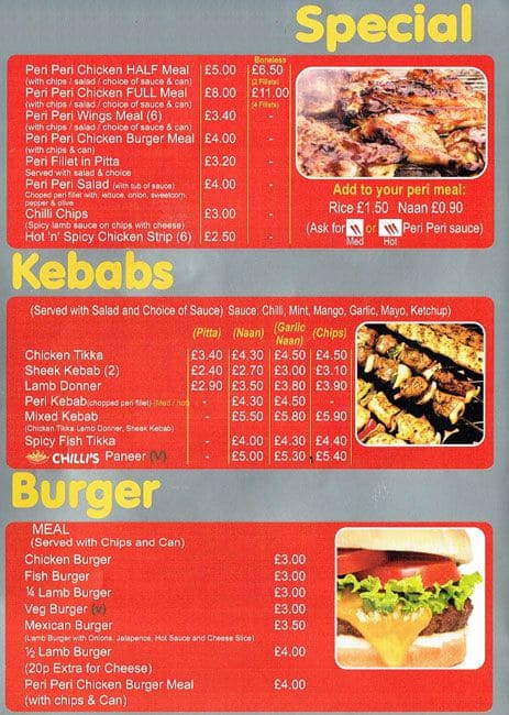 Menu at Chilli's restaurant, Manchester