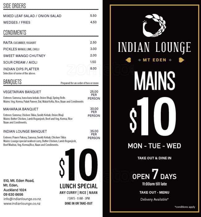 Carta del restaurante Masala, Auckland, 3 Matua road