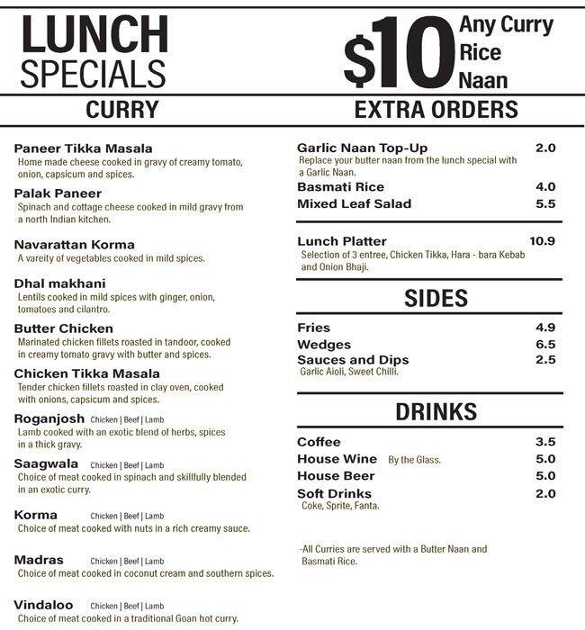 Carta del restaurante Masala, Auckland, 3 Matua road