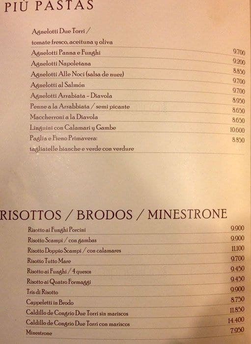 Menu at Le Due Torri restaurant, Santiago, San Antonio 258