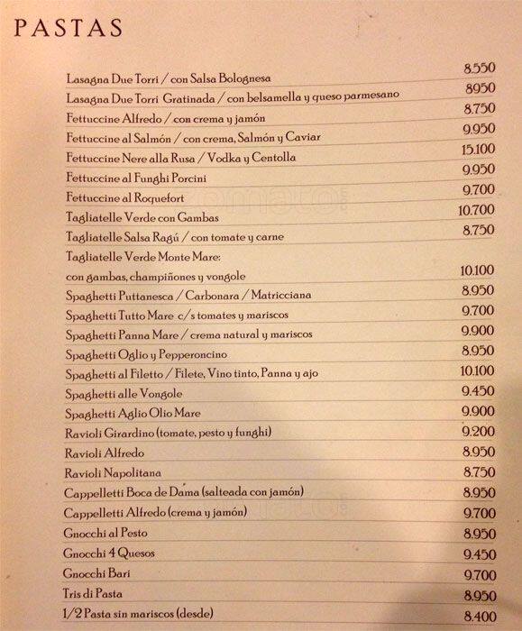 Menu at Le Due Torri restaurant, Santiago, San Antonio 258