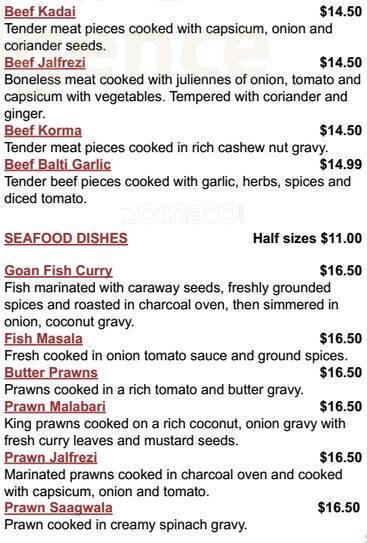 Menu at Indian Indulgence restaurant, Palmerston North