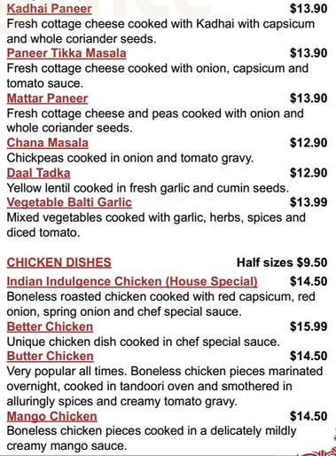 Menu at Indian Indulgence restaurant, Palmerston North