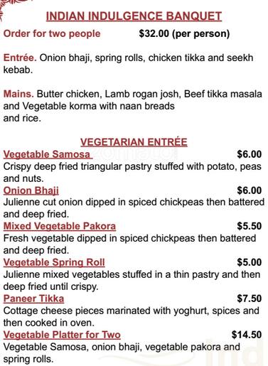 Menu at Indian Indulgence restaurant, Palmerston North