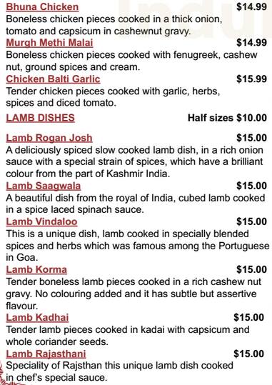 Menu at Indian Indulgence restaurant, Palmerston North