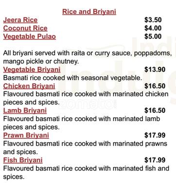 Menu at Indian Indulgence restaurant, Palmerston North