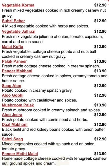 Menu at Indian Indulgence restaurant, Palmerston North
