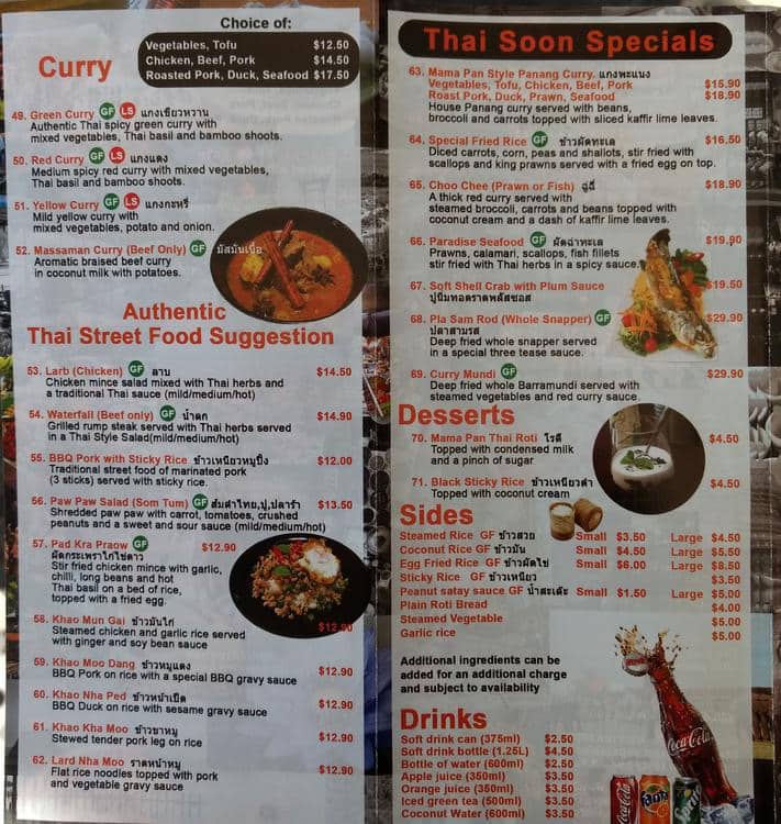 Menu at Thai Soon restaurant, Caringbah