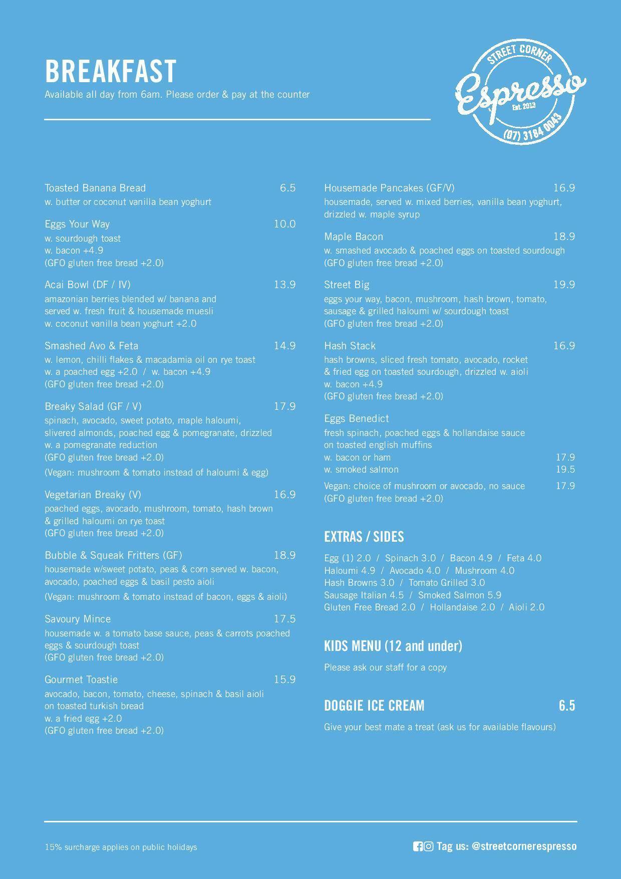 Menu at Street Corner Espresso cafe, Burleigh Heads