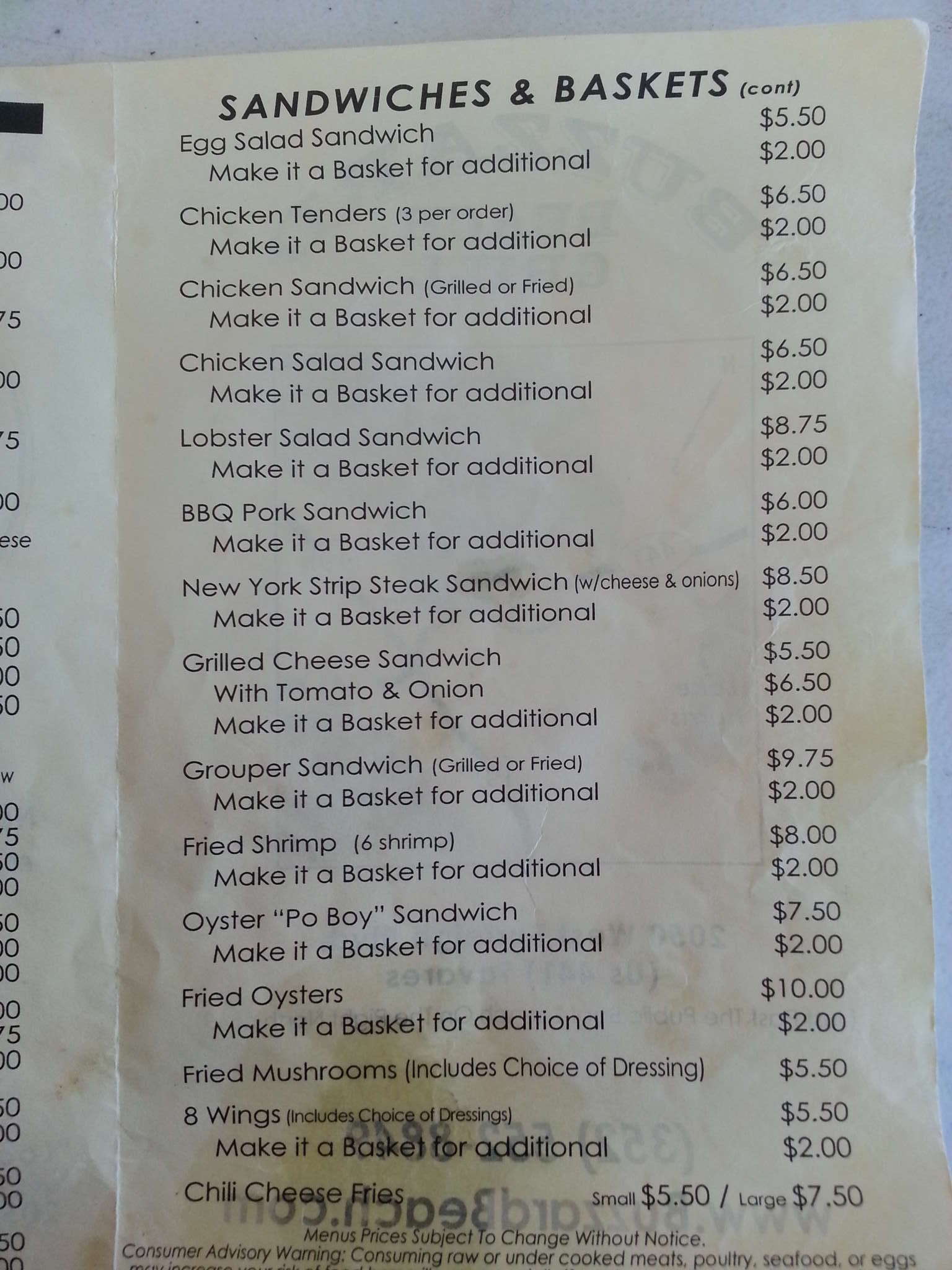 Menu at Buzzard Beach Bar and Grill, Tavares