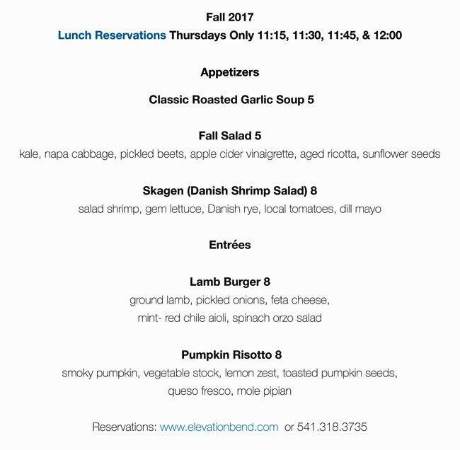 Menu at Elevation restaurant, Bend