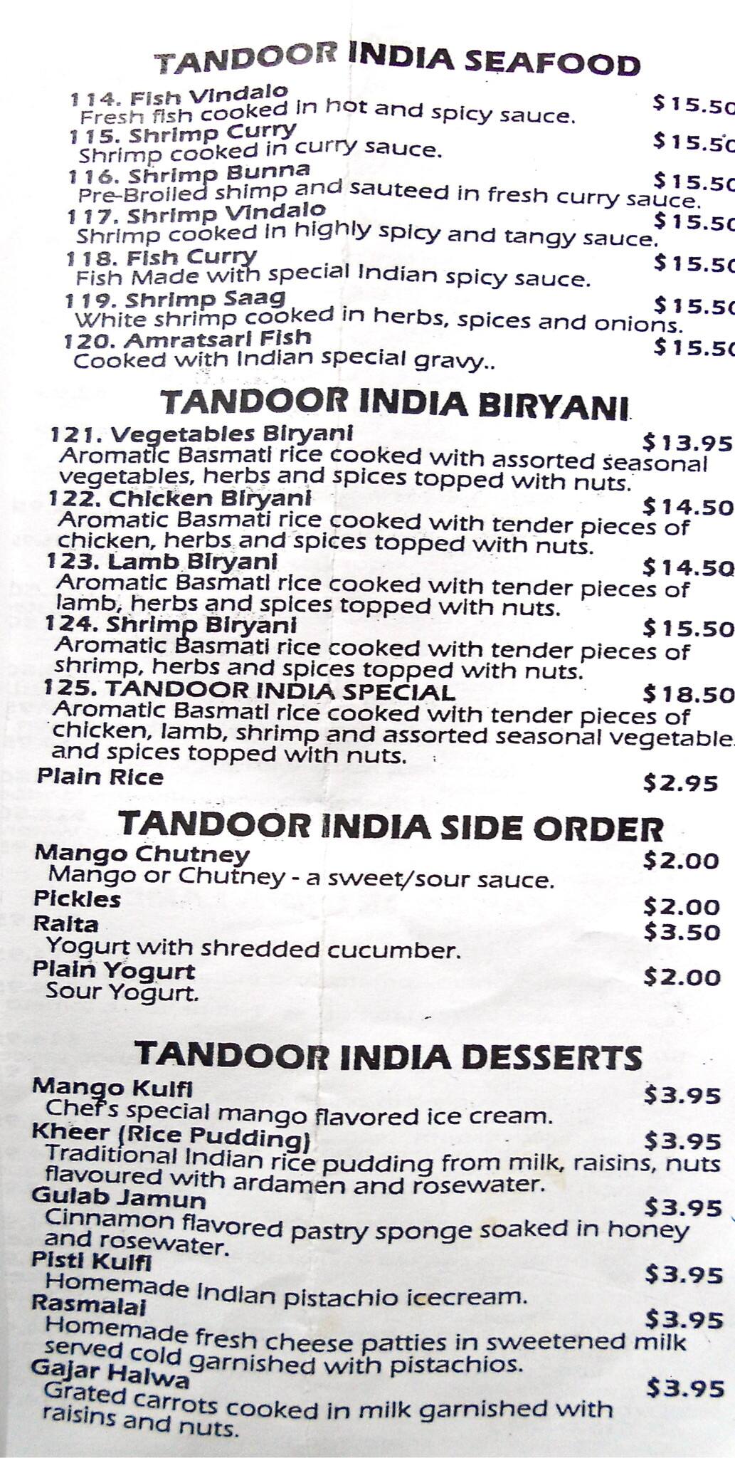 Menu at Tandoor India Restaurant, Scranton, Scranton Carbondale Highway