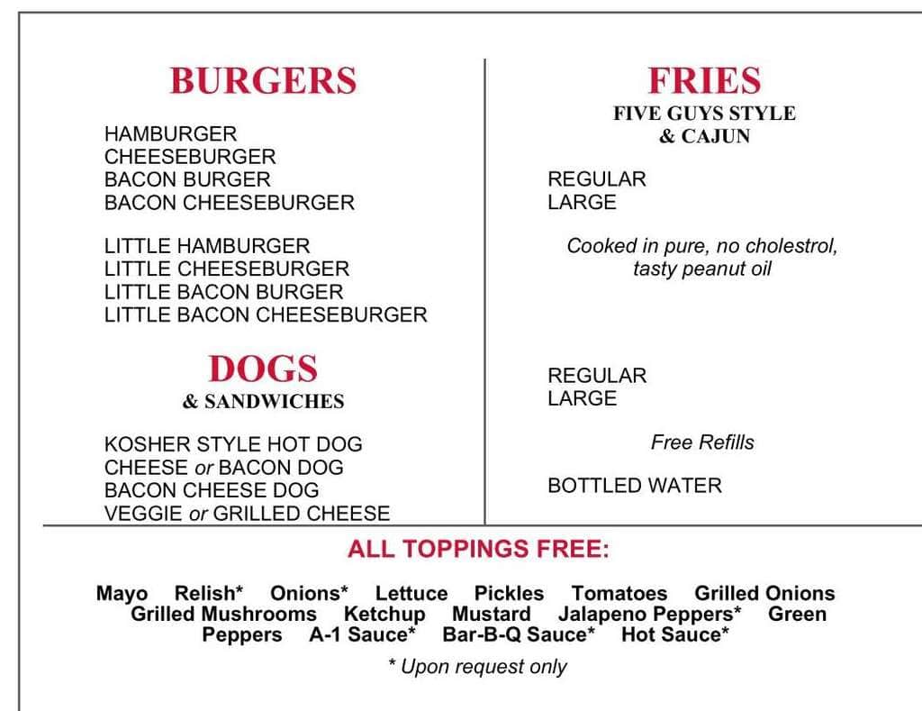 Five Guys Burgers and Fries Menu - Urbanspoon/Zomato