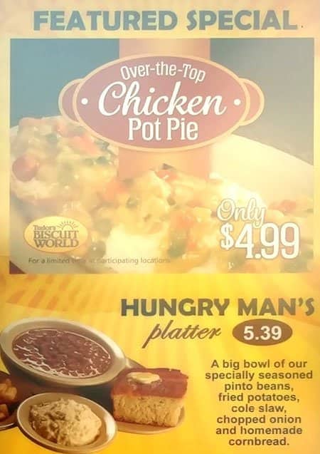 Menu at Tudor's Biscuit World fast food, Panama City