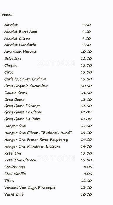 Menu at Bacara Bar, Goleta