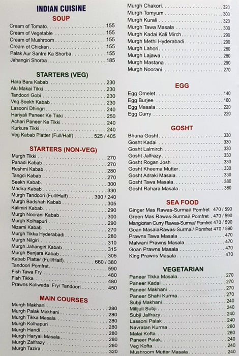 Menu of Zodiac Family Restaurant, Mahakali, Mumbai
