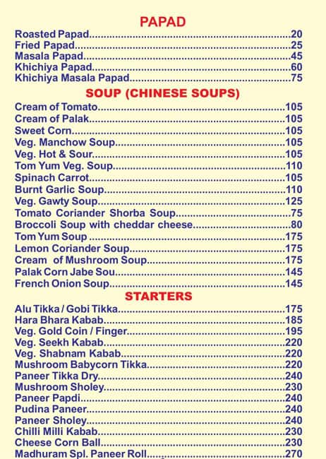 Menu of Madhuram Pure Veg Restaurant, Virar, Mumbai