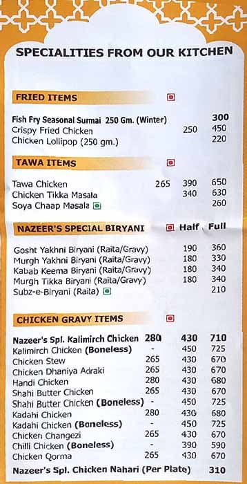 Menu of Nazeer Delicacies, R K Puram, New Delhi