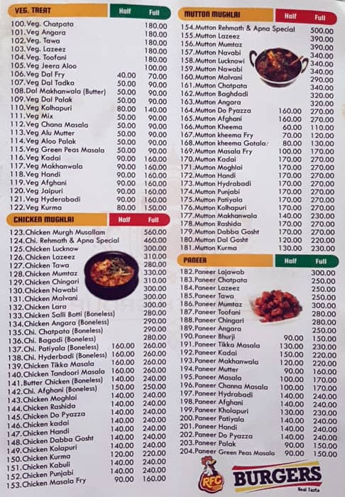 Menu of Rehmat Restaurant, Matunga West, Mumbai