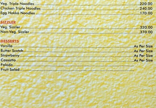 Menu at Regency, Thane