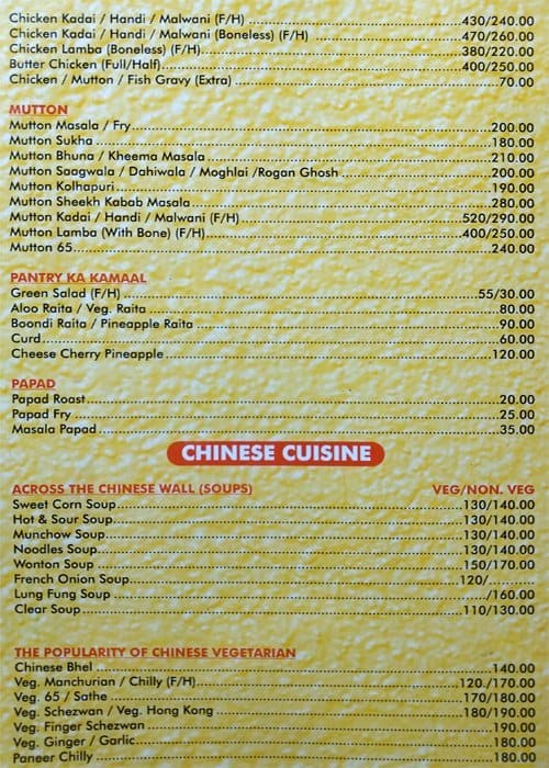 Menu at Regency, Thane