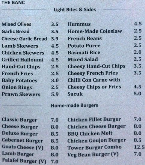 Menu at The Banc Restaurant & Shisha Lounge, London