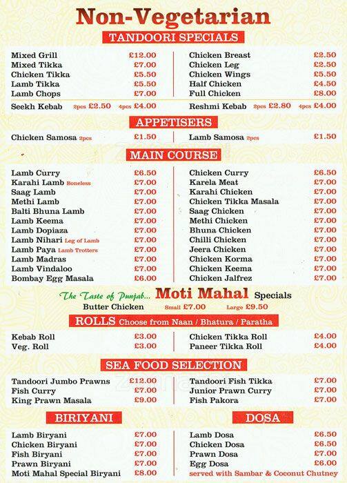 Menu at Moti Mahal restaurant, Southall, 94 The Broadway