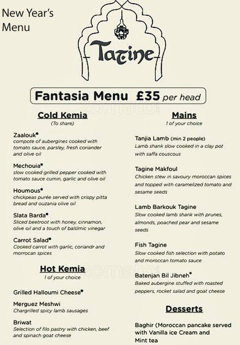 Menu at Tagine Restaurant, London, 3 Fernlea Rd