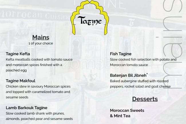 Menu at Tagine Restaurant, London, 3 Fernlea Rd