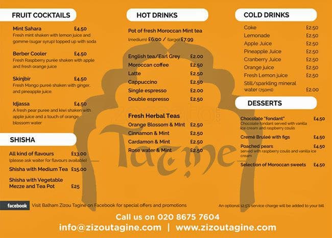 Menu at Tagine Restaurant, London, 3 Fernlea Rd