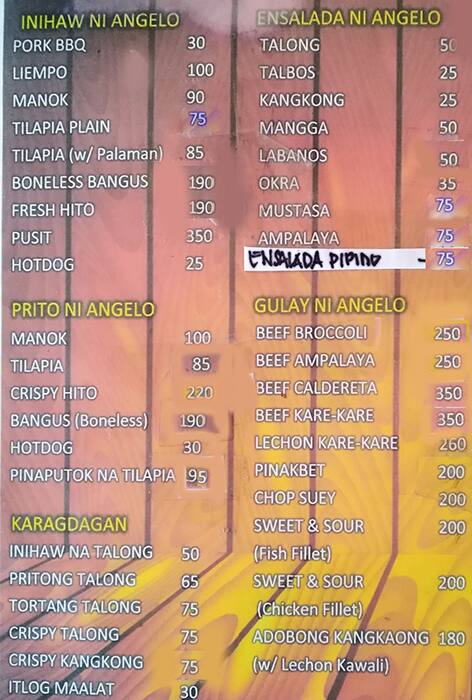 Menu at Ihawan ni Angelos restaurant, Antipolo